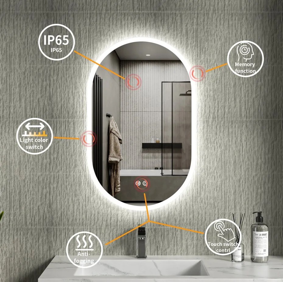 Erga Demi, oválné LED zrcadlo 50x80cm, 3 barvy světla, přední osvětlení, topná podložka proti zapaření, ERG-V01-Demi-5080-CL