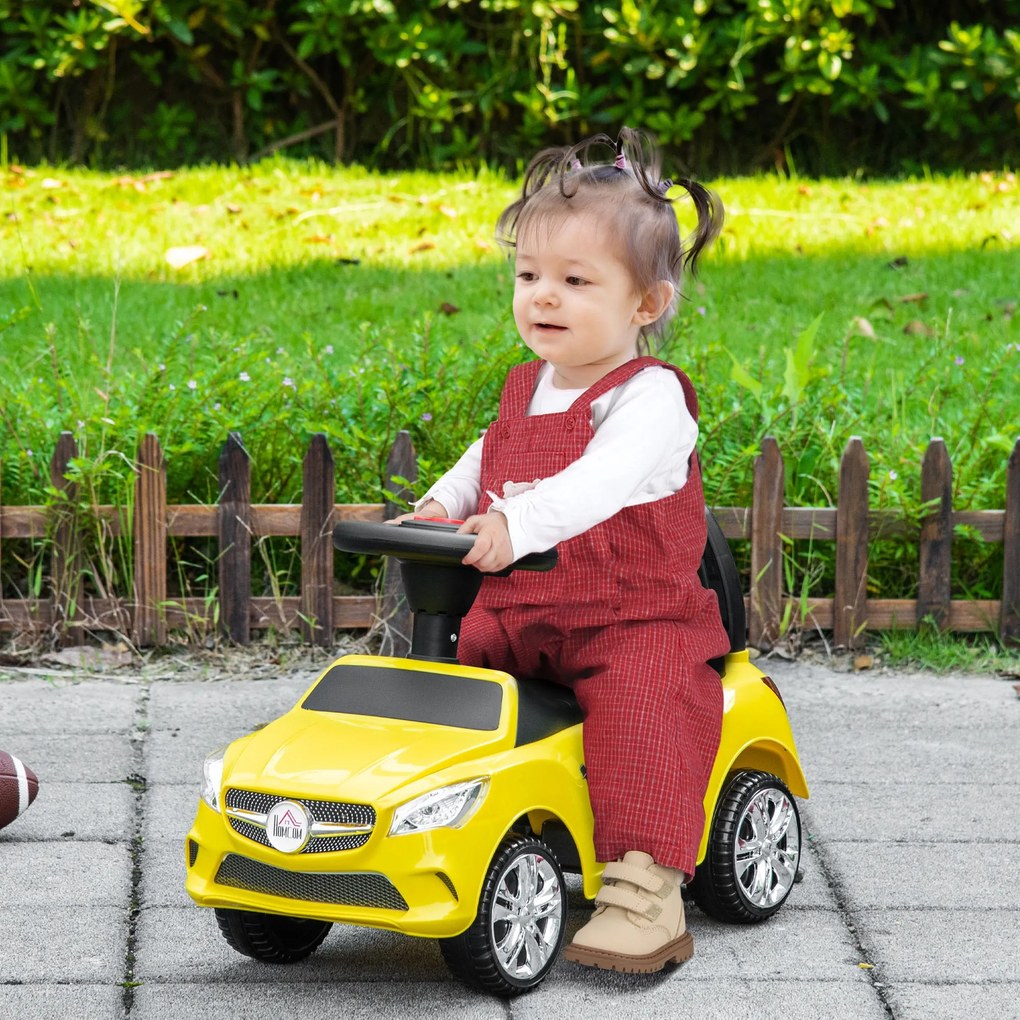 HOMCOM Dětské odrážedlo s volantem, světly a integrovanou hudbou, auto pro děti z PP a kovu, 63,5x28x36 cm, žluté