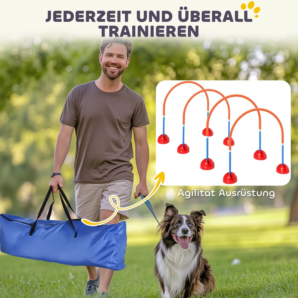 PawHut 4dílné zařízení pro výcvik agility psů se 4 dvířky s nastavitelnou šířkou, taška na přenášení, na zahradu, modrá barva