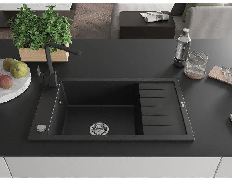 Mexen Elias, granitový dřez granitový 795x480x200 mm, 1-komorový, černá s chromovým sifonem a černá dřezová baterie Rita, 6511-77-670300-70