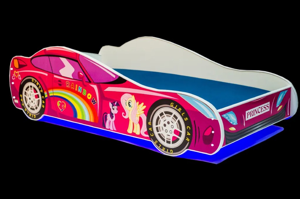 ADRK Furniture Postel s matracem a LED osvětlením CAR PINK 140x70