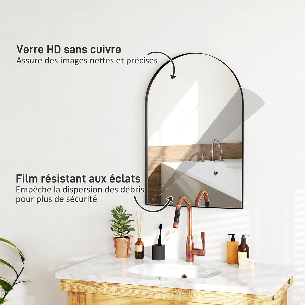 HOMCOM Zakřivené Zrcadlo na Zeď, Koupelnové Zrcadlo, 60 x 90 cm, vysoké rozlišení, s hliníkovým rámem, pro ložnici, obývací pokoj, předsíň, černé