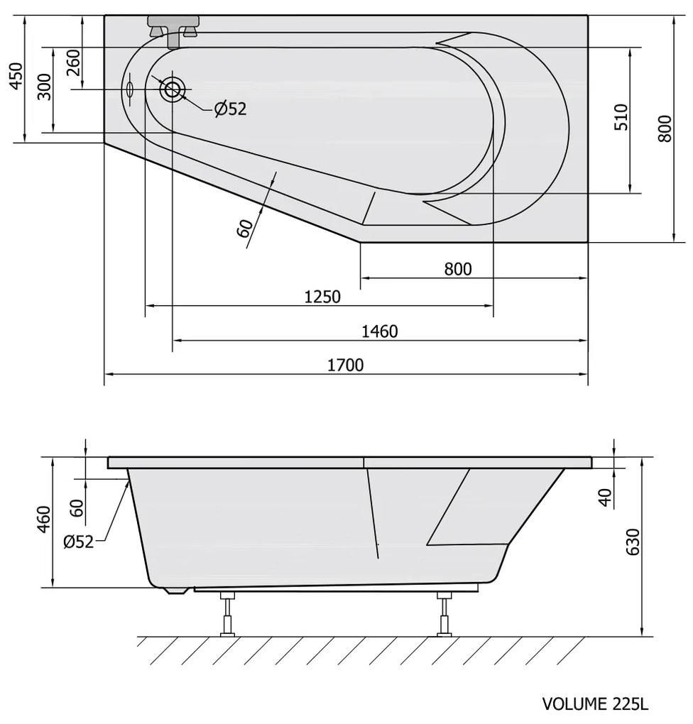 Polysan TIGRA R asymetrická vana 170x80x46cm, černá mat 90611.21