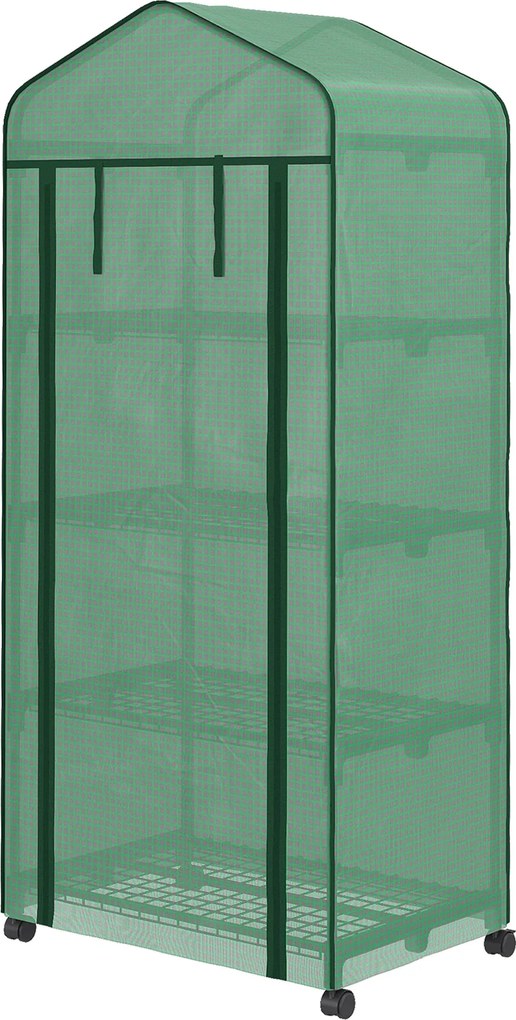 Zelený skleník Outsunny s kolečky, policemi, zimní fólií z oceli, studený rám pro balkon, zahradu, dům na rajčata 69 x 50 x 165 cm, skleník na rajčata