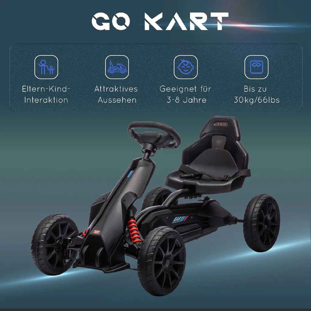 HOMCOM Dětský Go-Kart s Pedály a Ruční Brzdou, Nastavitelným Sedadlem, Přeřazovacím Mechanismem, Dětské Vozidlo s EVA Koly pro Děti ve Věku 3-8 Let