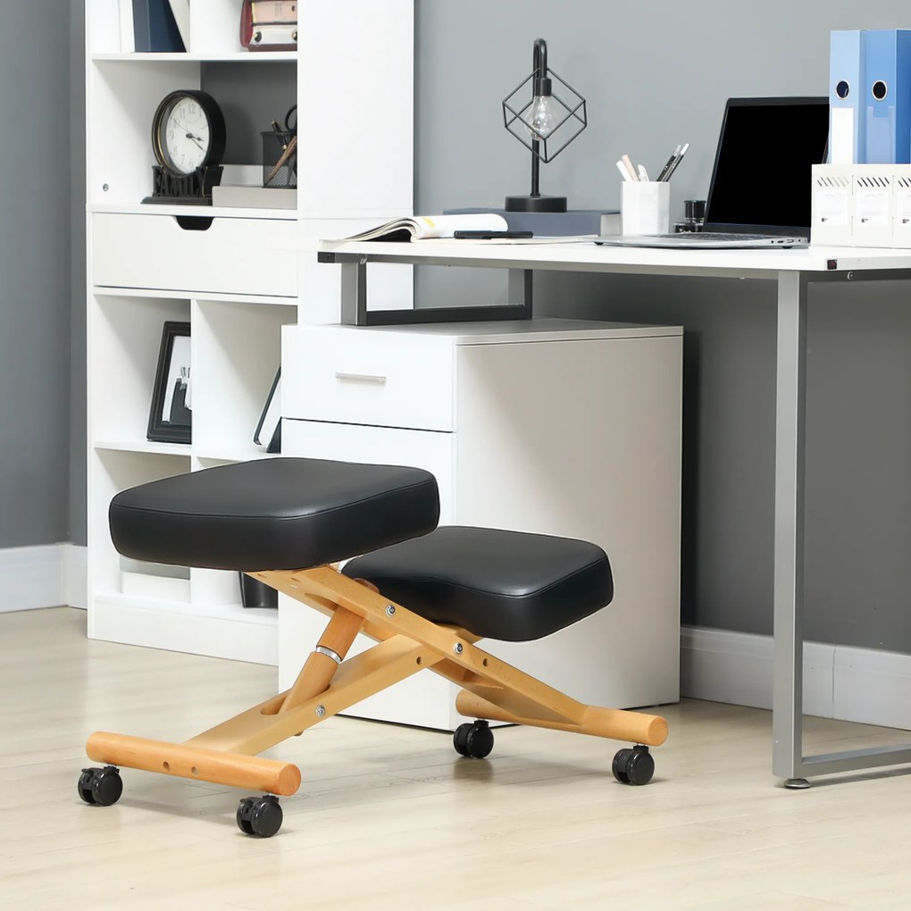 HOMCOM Ergonomická Výškově Nastavitelná Kolenní Židle, Ergonomická Židle do Kanceláře a Domova, Dřevěný Kolenní Stolek na Kolečkách, Černá
