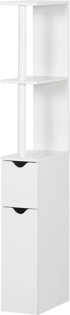 Kleankin Koupelnová Sloupová Skříňka s Dvířky a Otevřenými Policemi - Moderní Koupelnová Skříňka 15,2x29,8x118 cm Bílá