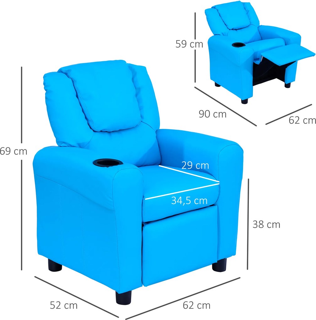 HOMCOM Dětské křeslo s funkcí polohování Mini pohovka pro děti 3-6 let Modrá s držákem na nápoje 62x52x69cm ideální do dětských pokojů | Aosom.de