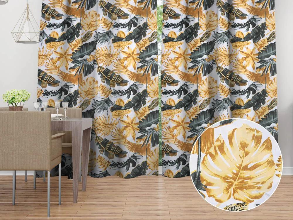 Biante Bavlněný závěs Sandra SA-388 Šedozelené a zlaté tropické listy na bílém 150x180 cm