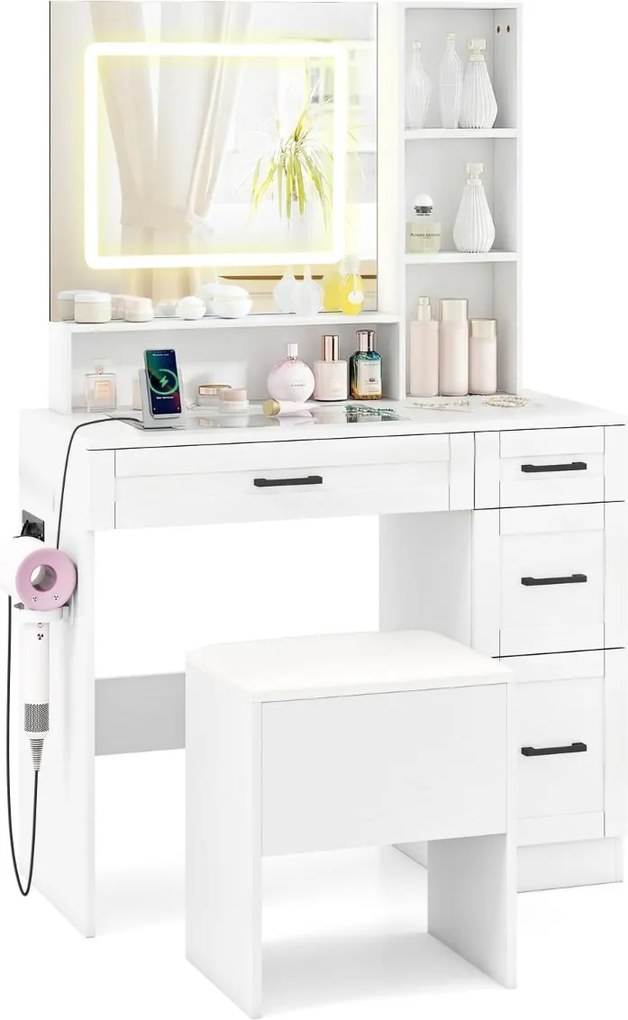 Costway Toaletní stolek se zrcadlem a osvětlením set make-up s objímkami