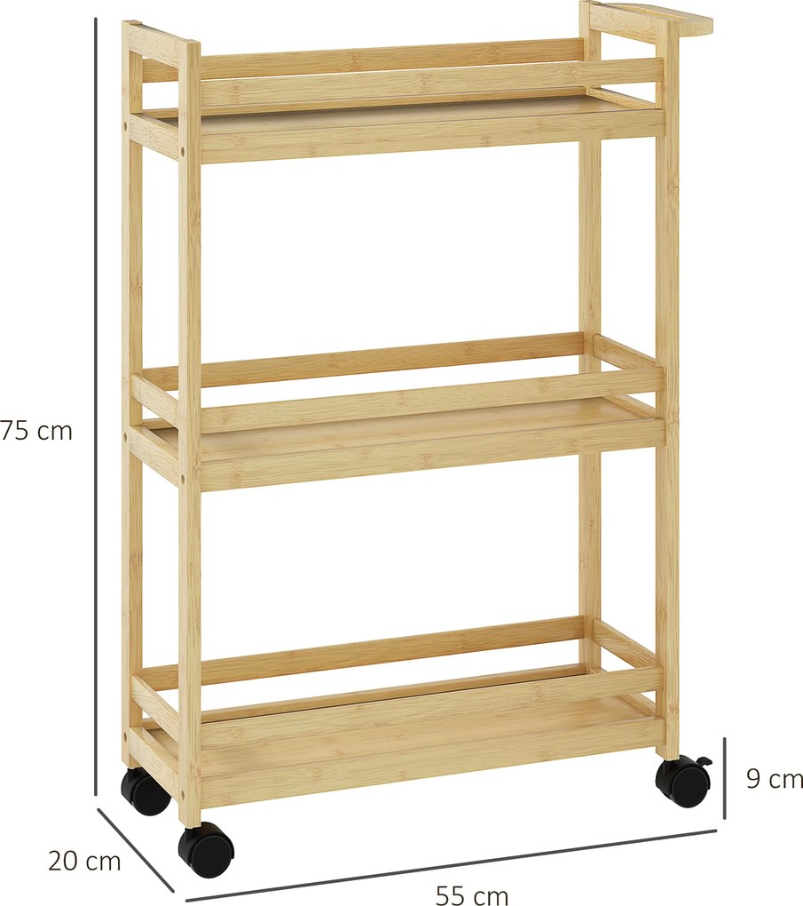 HOMCOM 3-vrstvý bambusový koupelnový regál na kolečkách do obývacího pokoje a kuchyně 55x20x75 cm přírodní