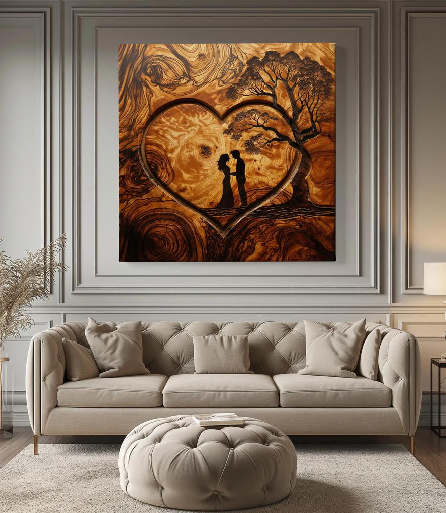 Obraz na plátně - Milenci v srdci a strom života, dřevo styl FeelHappy.cz Velikost obrazu: 140 x 140 cm