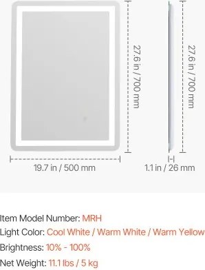 LED koupelnové zrcadlo 3 barvy proti zamlžování nástěnné toaletní zrcadlo 50 × 70 cm
