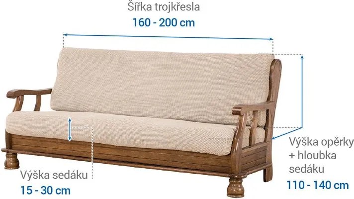 Super strečové potahy NIAGARA smetanová trojkřeslo s dřevěnými rukojeťmi (š. 160 - 200 cm)
