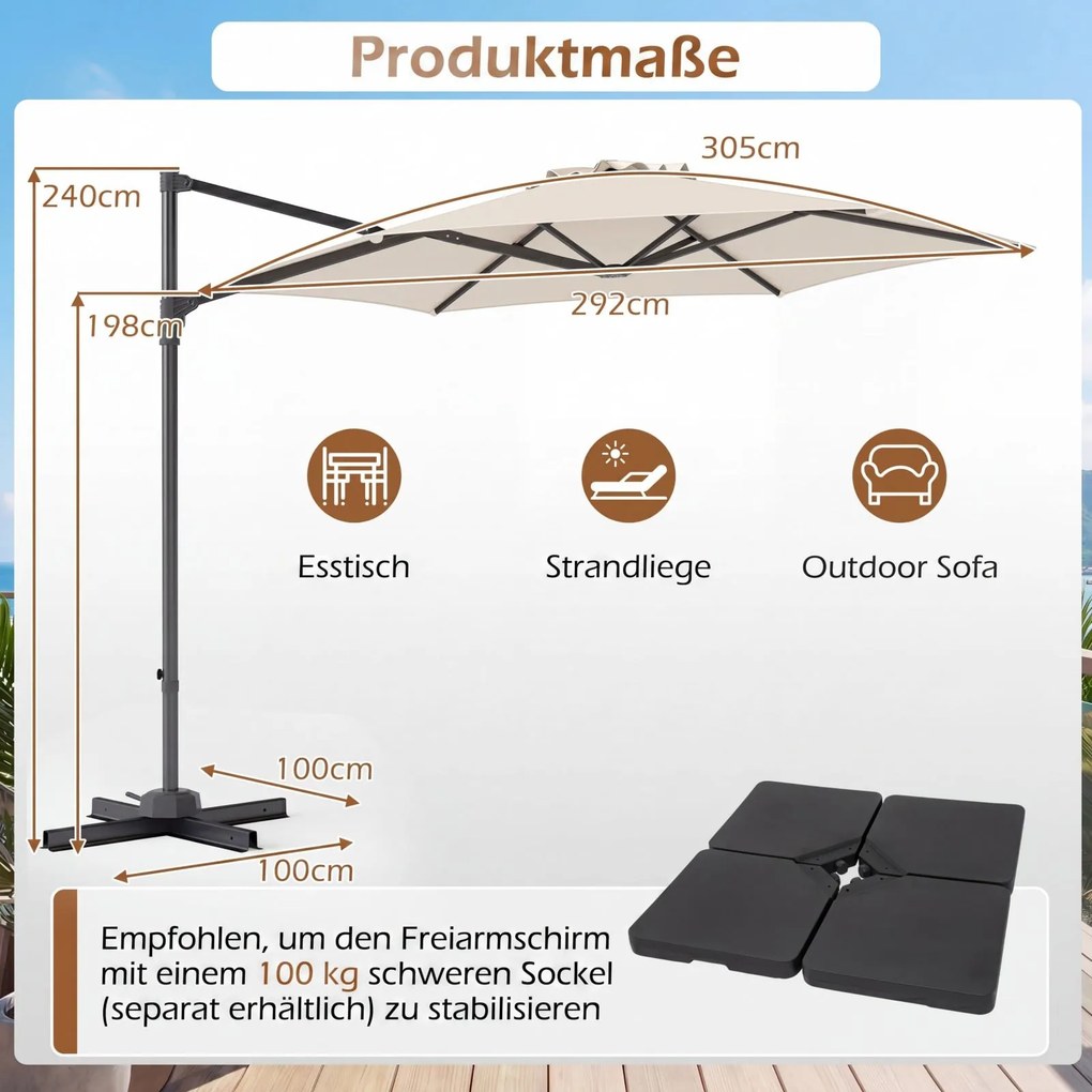 Costway 3 m slunečník s 360° rotací ventilační otvor křížová základna klika