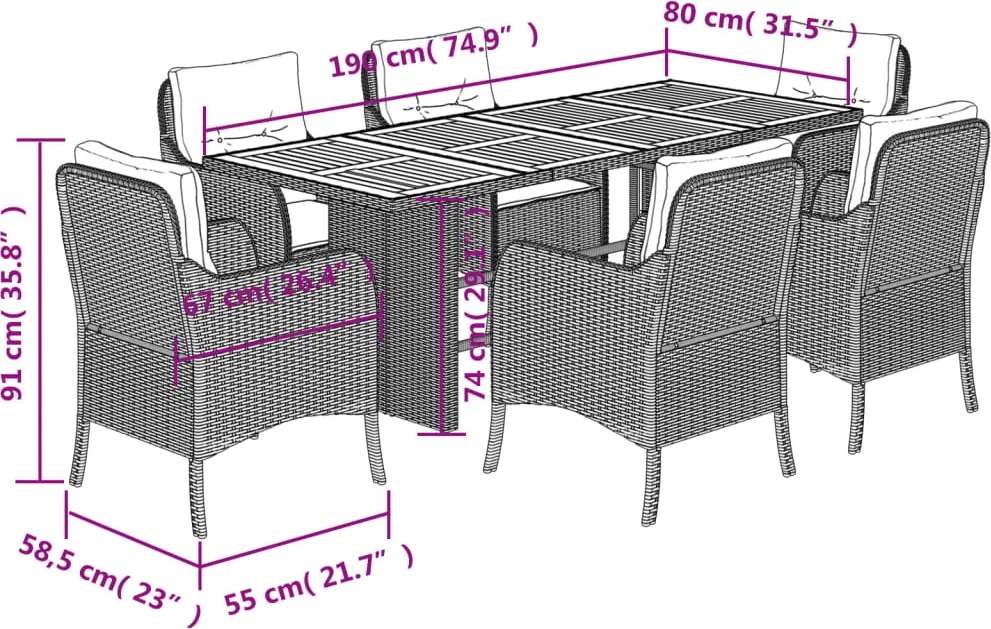 7dílný zahradní jídelní set s poduškami černý polyratan 3211896