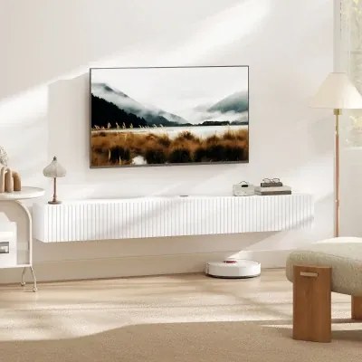 HOMCOM Zavěšený TV nábytek 180 cm, TV nábytek pro televizory až do 183 cm, 2 sklápěcí dveře, 180x25x22 cm, bílá