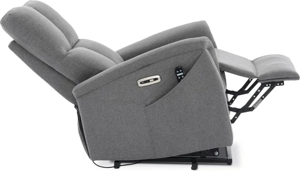 Křeslo polohovací masážní s výhřevem, 8bodová vibrační masáž, zvedací systém, USB, šedá látka (72 x 95) cm