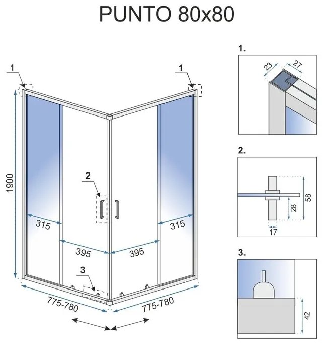 Čtvercový sprchový kout REA PUNTO 80x80 cm, chrom se sprchovou vaničkou Savoy černá