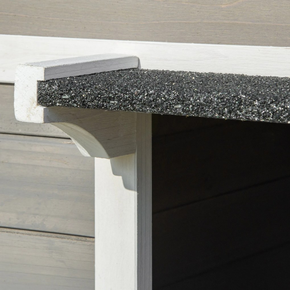 PawHut kočičí domek Kočičí domek s terasou a balkonem pro psy a kočky, jedlové dřevo, šedá a bílá, 115 x 66,5 x 74,7 cm | Aosom.de