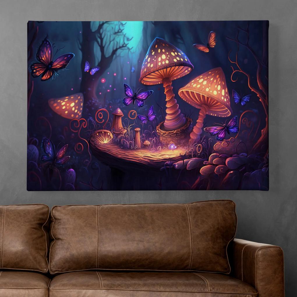 Obraz na plátně - Kouzelné houby a motýli v tmavém lese FeelHappy.cz Velikost obrazu: 60 x 40 cm
