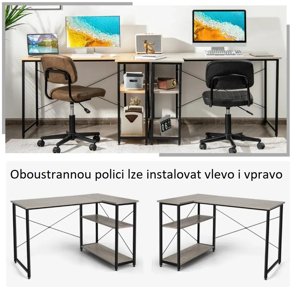Rohový kancelářský PC stůl tvaru L s policemi, šedý, 120 x 88 x 74,5 cm CB10121GR