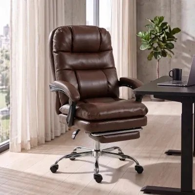 HOMCOM ergonomická kancelářská židle s opěrkou nohou, PU, taštičkové pružiny, sklopná do 155°, vysoká opěrka zad, opěrka hlavy, hnědá