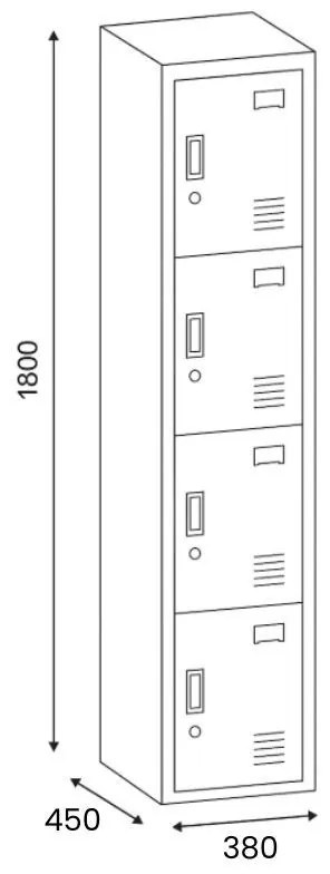 Šatní skříňka S3 s úložnými boxy, 4 boxy, 1800 x 380 x 450 mm, demont, cylindrický zámek, červené dveře