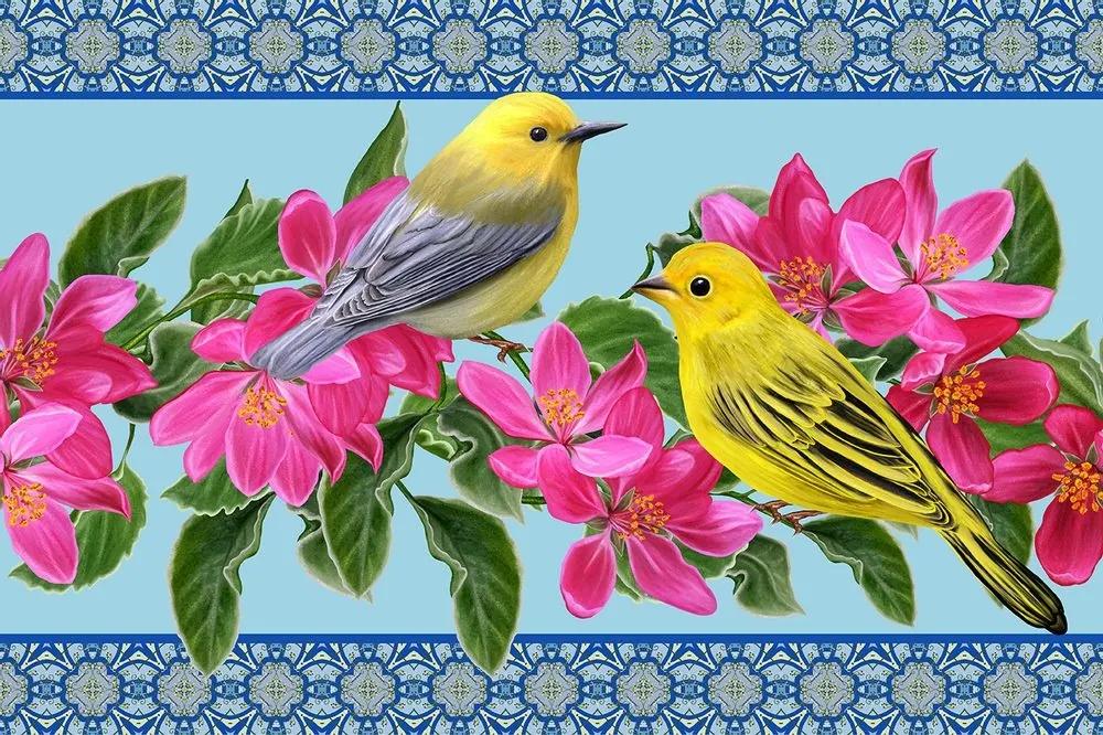 Tapeta vtáčiky a kvety vo vintage prevedení - 300x200 cm