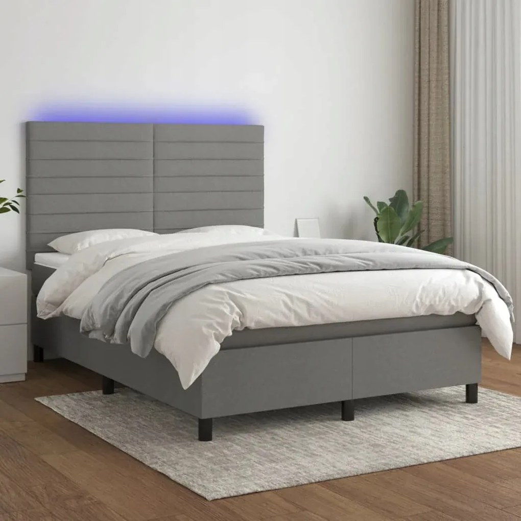 Box Spring Postel S Matrací A Led Textil Tmavě Šedá vodorovné pruhy 140 x