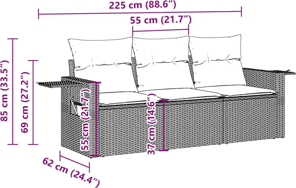 3dílná zahradní sedací souprava a podušky světle šedá polyratan 3219861