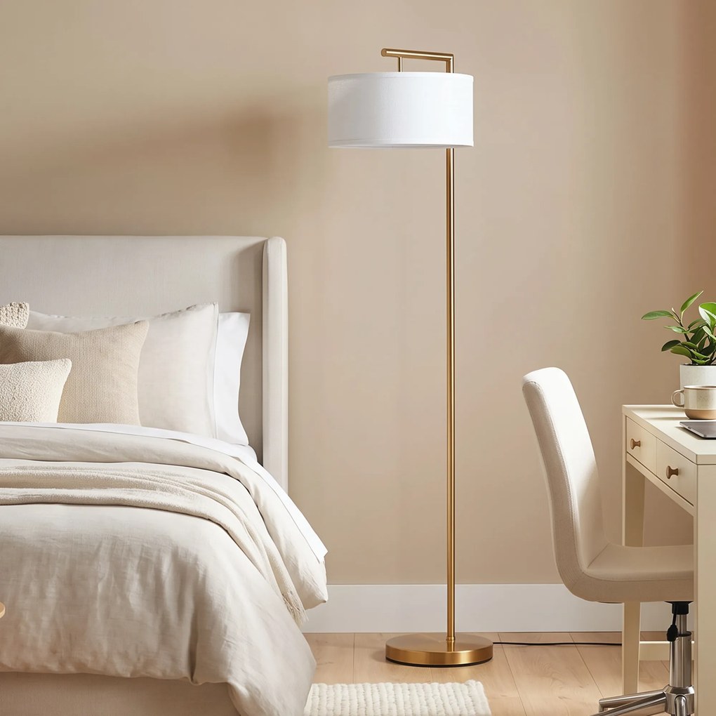 HOMCOM Stojací lampa s paticí E27 Stojací lampa do obývacího pokoje ložnice kancelář, kov ocel plátno zlatá bílá 47x37x153 cm | Aosom.de