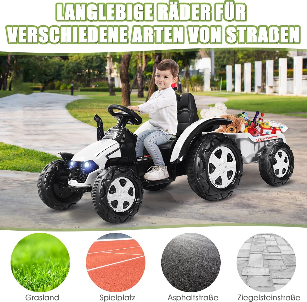 Costway Traktor na hraní s přívěsem pro děti 12 V pojízdný traktor, bílý