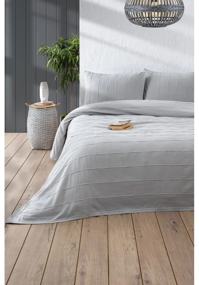 Šedý bavlněný set přehozu a povlaků na polštář 210x220 cm Sedef – Mijolnir