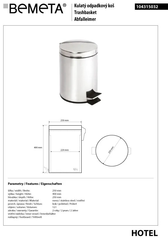 Bemeta Design Odpadkový koš, 12 l, nerez, lesk - 104315032