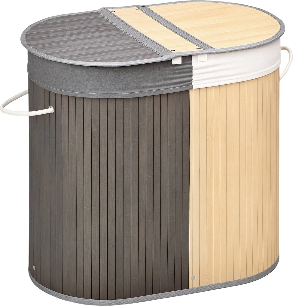 HOMCOM Koš na prádlo z bambusu s kapacitou 100L a víkem, s odnímatelným pytlem se 2 přihrádkami 62,5x37x60,5 cm Šedý a přírodní | Aosom