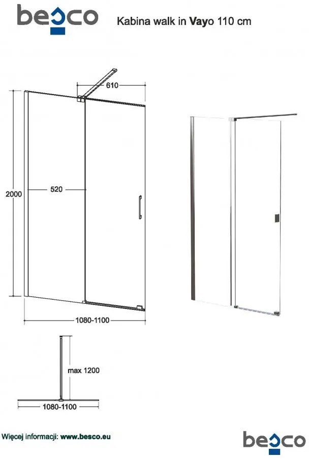 BESCO Walk-in sprchový kout VAYO BARVA rámu - Chrom/Leštěný hliník (ALU), Rozměr A - 110 cm, Rozměr C - 200 cm, Směr zavírání - Univerzální Levé / Pravé, Výplň - Čiré bezpečnostní sklo - 8 mm BCVAYO110CC