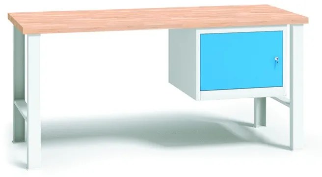Pracovní stůl do dílny WL se závěsnou skříňkou na nářadí, buková spárovka, pevné kovové nohy, 2000 mm