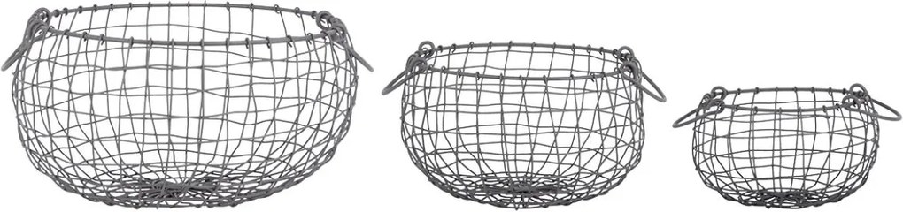 Sada 3 šedých drátěných košíků s uchy - Ø 31*18cm, Ø 25*17cm,  Ø19*13cm