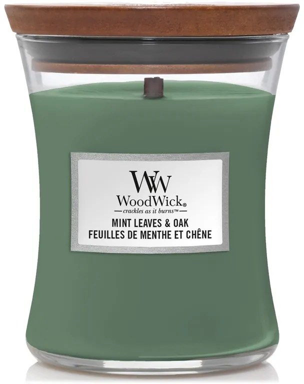 WoodWick – svíčka Mint Leaves & Oak (Mátové lístky a dub) Velikost: střední 275 g