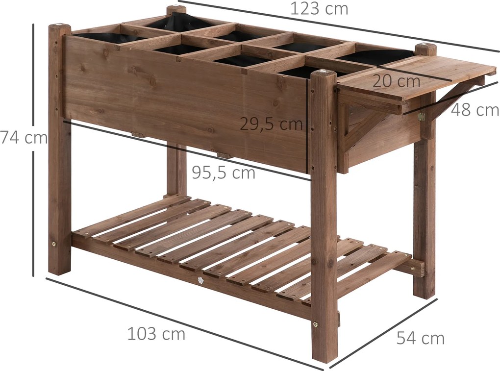 Vyvýšený záhon Outsunny s 8 dělenými sekcemi, skládacími policemi a květináčem, solidní dřevo, hnědý, 123 x 54 x 80 cm