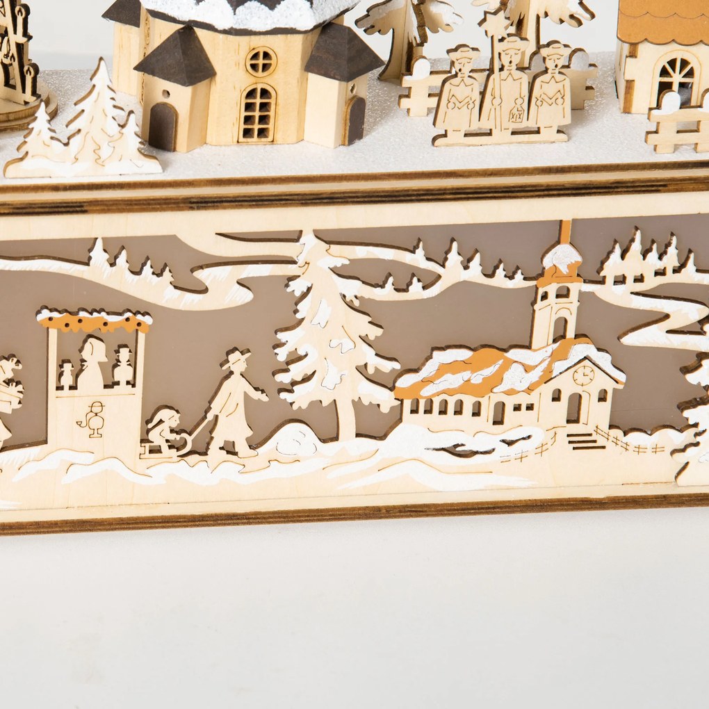 HOMCOM Vánoční dekorace, vánoční vesnička, 10 LED, teplé bílé světlo, 45 x 10 x 25 cm, dekorace ze dřeva