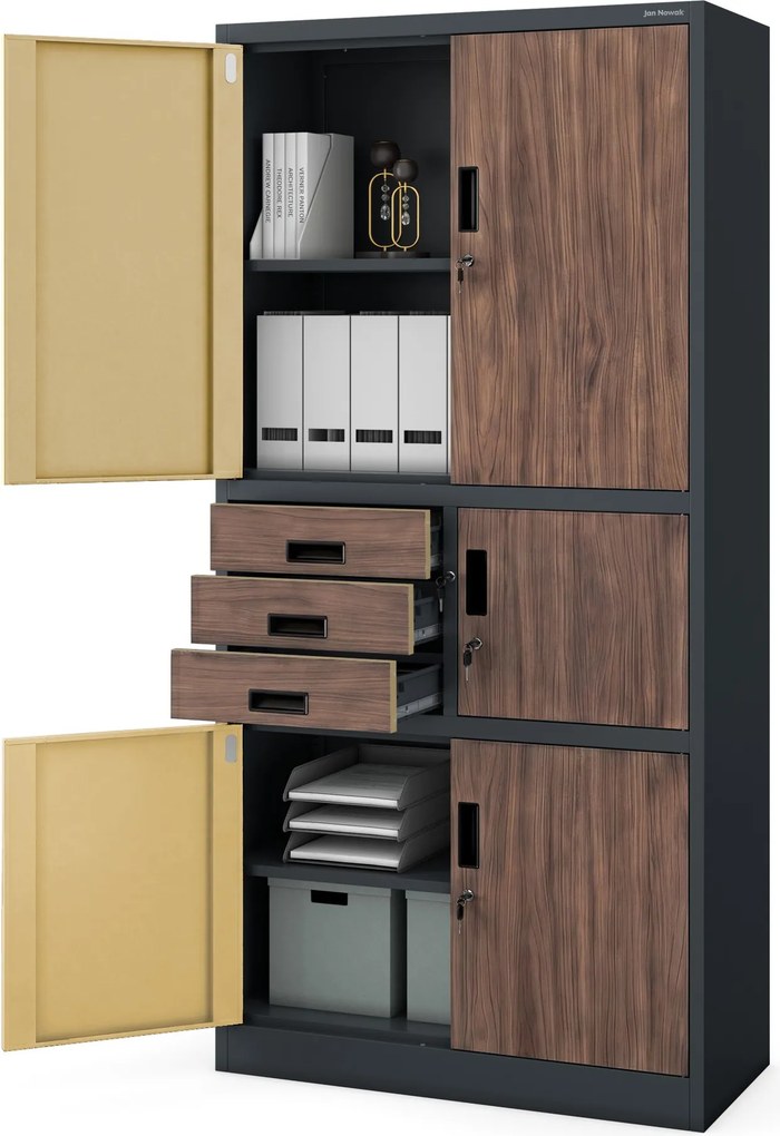 Kovová kancelářská skříň se sejfem antracitová, ořech, 900x1850x400 mm: FILIP II Eco Design