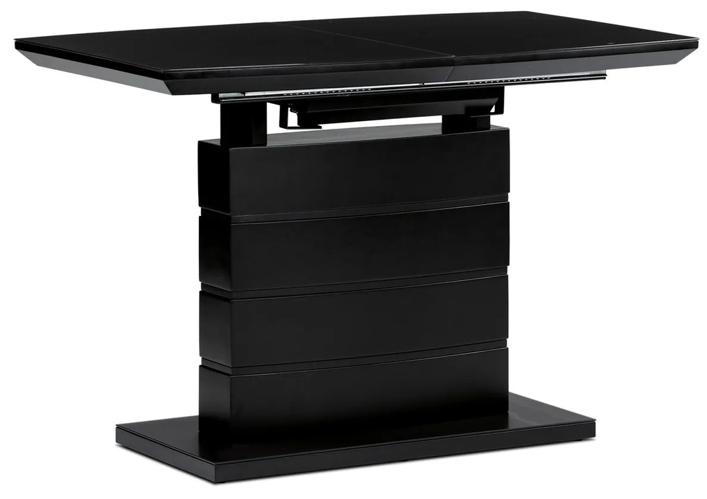 Jídelní stůl 110+40x70 cm, černá 4 mm skleněná deska, MDF, černý matný lak - HT-420 BK