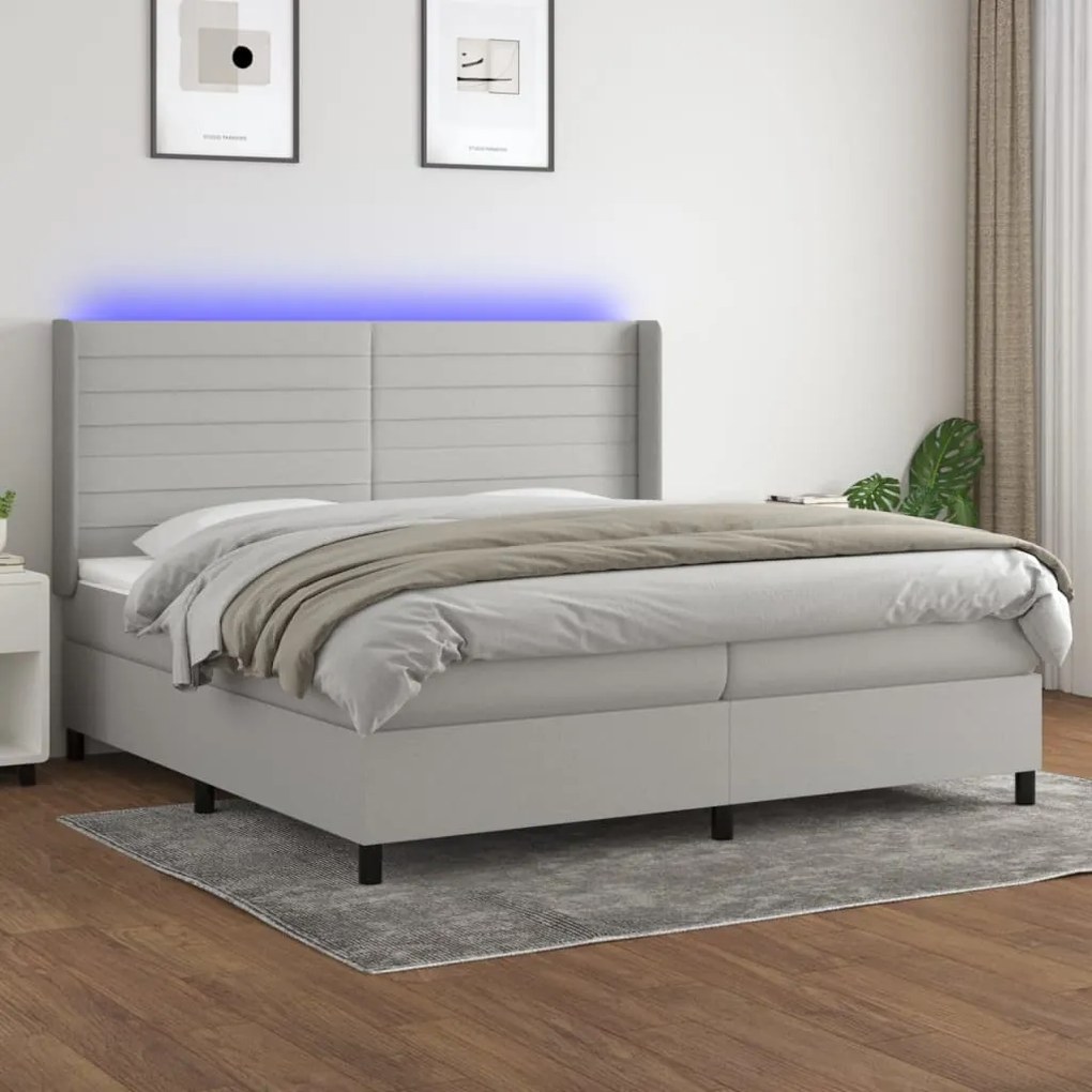 Box spring postel s matrací a LED světle šedá 200x200 cm textil 3138421