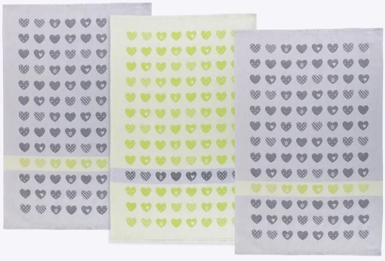 Bellatex Kuchyňské utěrky sada 3 kusů 50x70 cm Srdce Šedá,Zelená