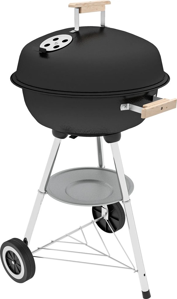 Gril na dřevěné uhlí Outsunny s kolečky - přenosný barbecue gril s emaillonovaným víkem a miskou, dřevěné úchyty, 48x56x85cm pro venkovní zahradní pik