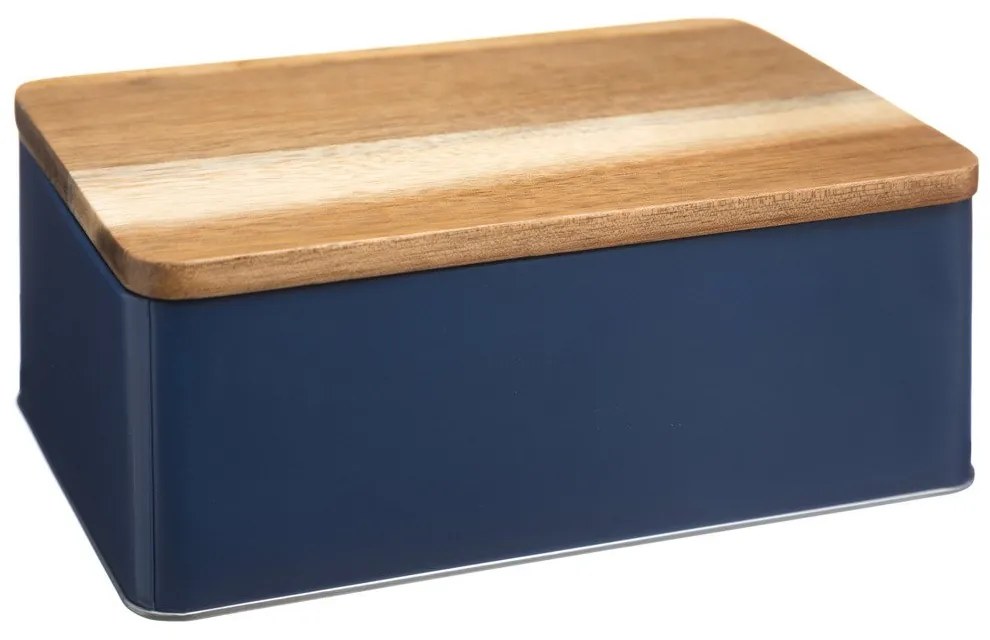 Kovová nádoba modré barvy s dřevěným víkem, ozdobná krabička s víkem z akátového dřeva