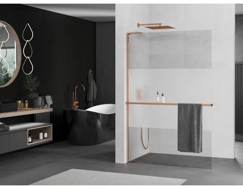 Mexen Kioto+ L, sprchová zástěna Walk-In s poličkou a věšákem 110 x 200 cm, 8mm čiré sklo-námraza, růžové zlato profil, 800-110-123-60-35