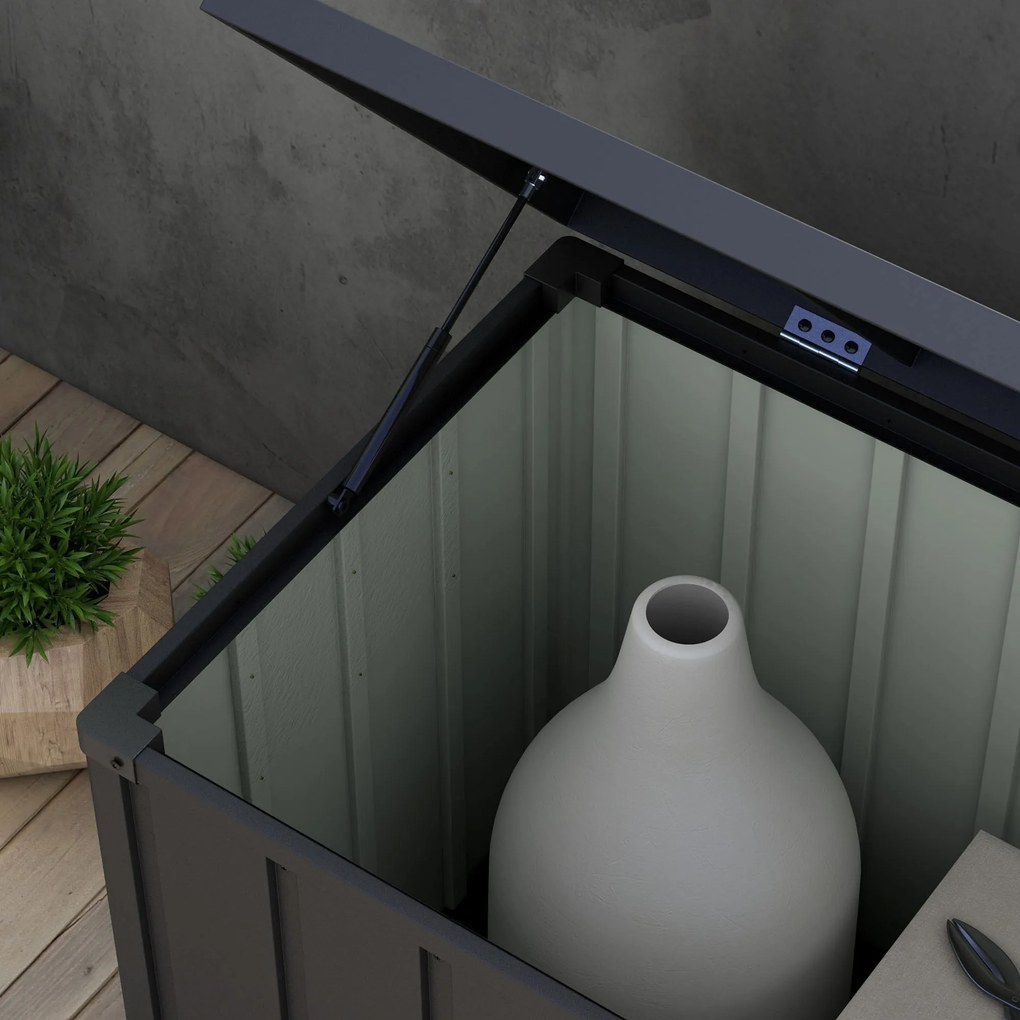 Zahradní úložný truhlicový box Outsunny, kapacita 450L, kov s plynovým pístem, kolečky a rukojetí - rozměry 125,5L x 61,5W x 70H cm